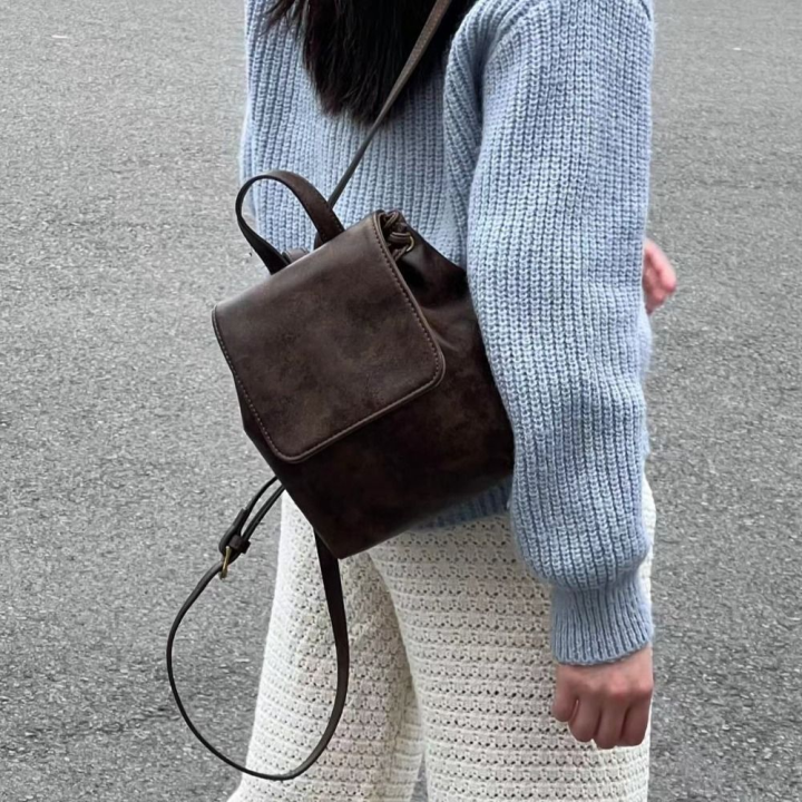 Small Pack PU Drawstring Flap Backpack Large Capacity School Book Back ...