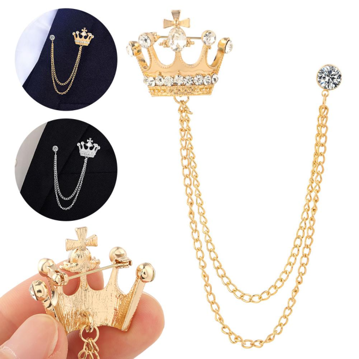 Men Royal Crown Tassel Brooch Lapel Pin Collar Pins Collar Clip Chain ...