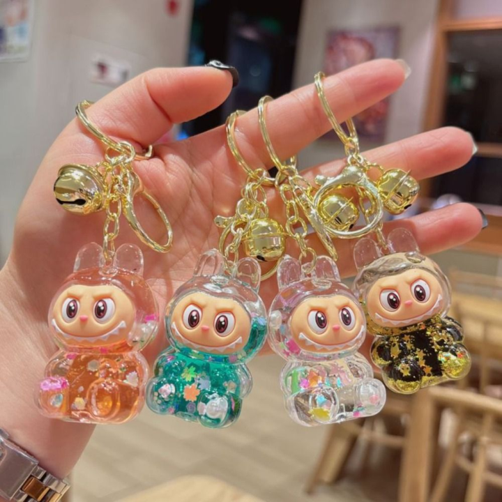 New Luminous Labubu Bell Keychain Gold POP MART Bag Pendant Glitter Glow in The Dark Quicksand ...