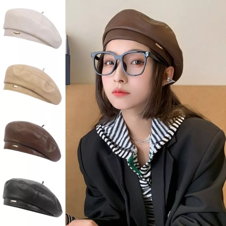 New PU Beret Hat Adjustable Solid Color Painter Hat Soft French Artist Artist Painter Cap Women ...