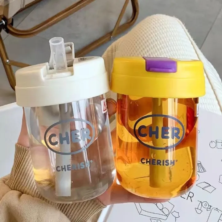 Cartoon 300mL Straw Cup Mini Plastic Outdoor Sport Water Bottle Anti-fall Portable Fruit Tea Cup ...