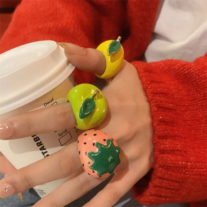 Unique Strawberry Drip Oil Ring Lemon Dripping Oil Painting Ring Cherry ...