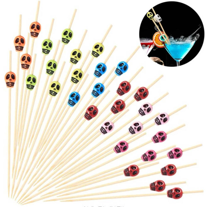 50Pcs Halloween Skull Bamboo Pick Buffet Fruit Fork Party Dessert Stick ...