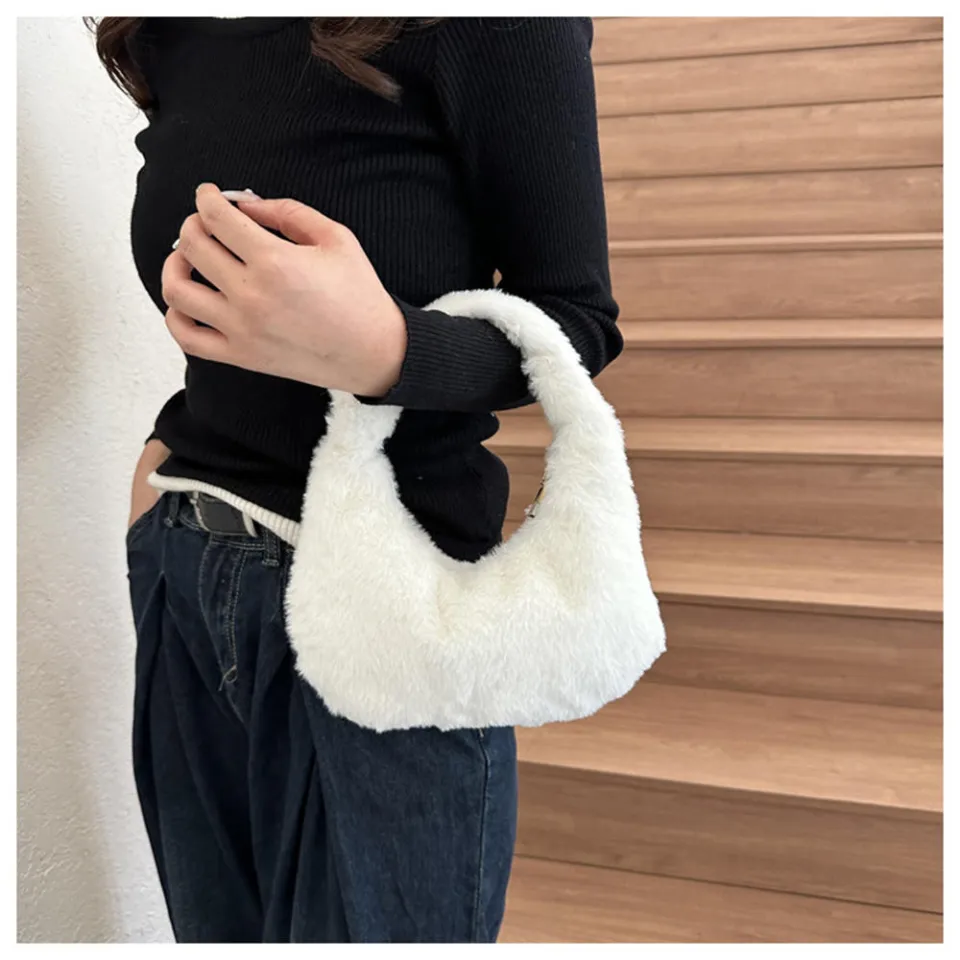 Fluffy Shoulder bag Small Solid color Soft Handbag Tote bag for Women Accessory 2023 trend Autumn winter Daraz.pk