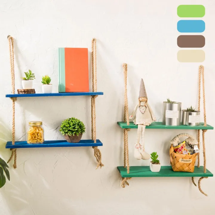 Hanging Wall Shelf Premium Storage Wood Rope Swing Shelves Plant Stand ...