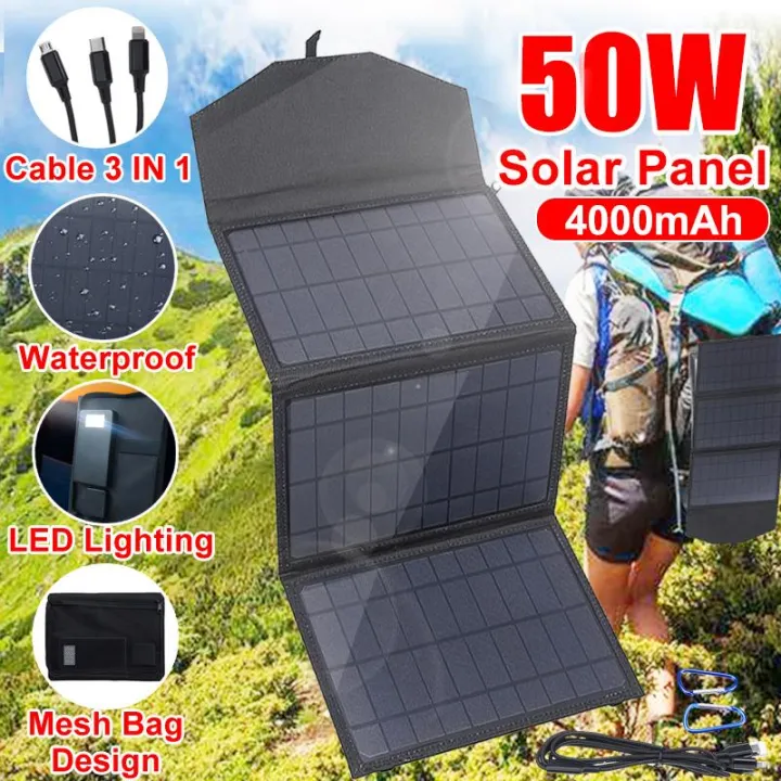 50W 5V Dual Universal Serial Bus Foldable Solar Panel W/ 4000mAh Power ...