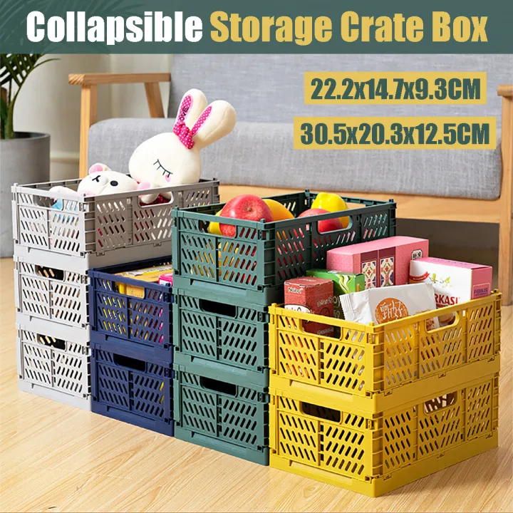 Folding Collapsible Plastic Storage Crate Box Stackable Home Kitchen ...