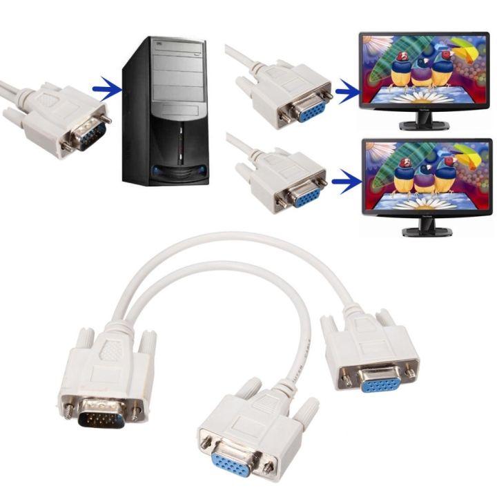 15Pin VGA New 1 Male To 2 Female Monitor Y Splitter Cable Lead LCD for ...