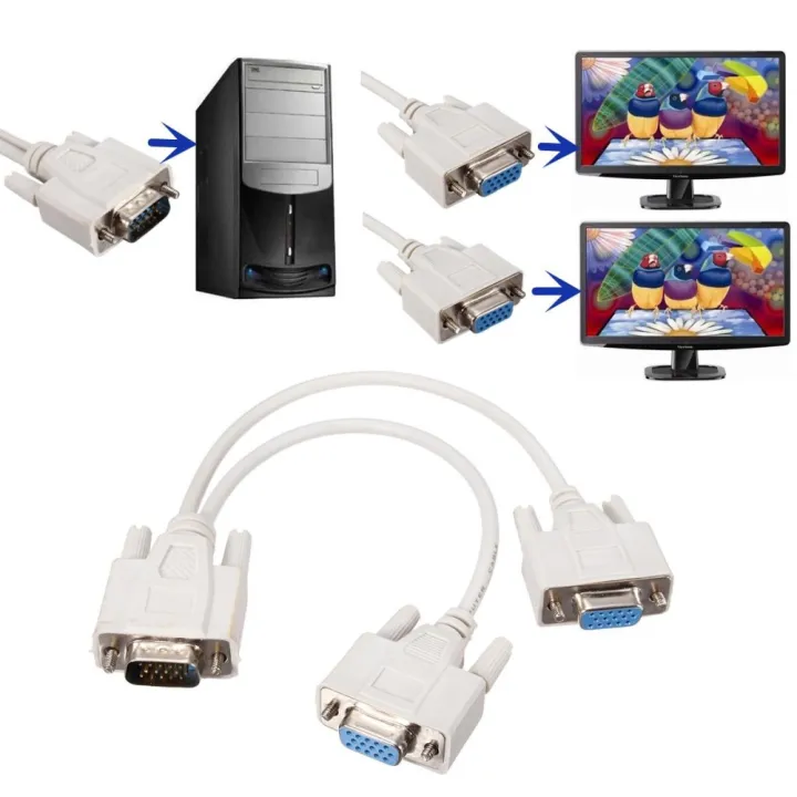 15Pin VGA 1 Male To 2 Female Monitor Y Splitter Cable Lead LCD for PC ...
