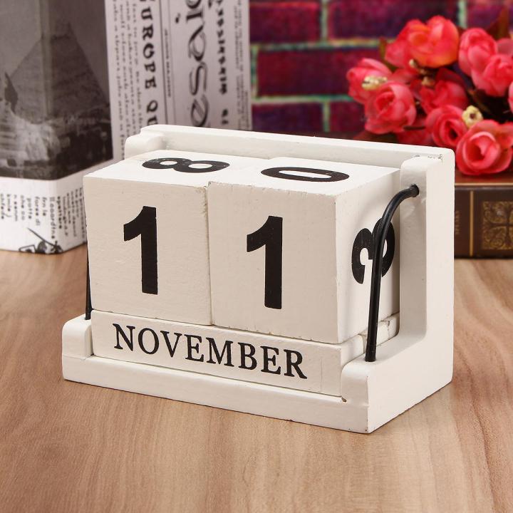 Retro White Wooden Premium Perpetual Calendar Manual Wood Block Small ...