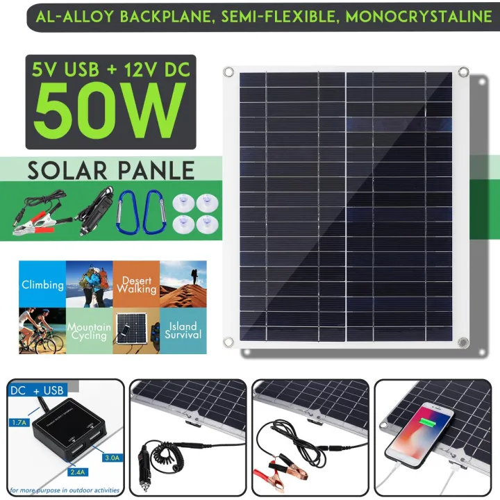 50W 18V Mono Solar Panel Dual 12V/5V Universal Serial Bus ...