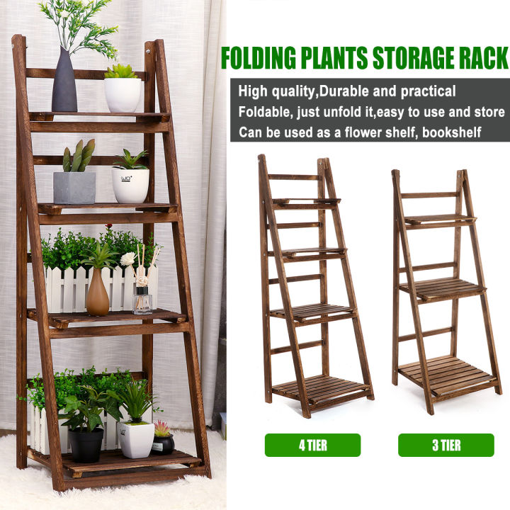 Folding Plants Stand 3/4 Tier Ladder Shelf Wood Bookshelf Storage Rack ...