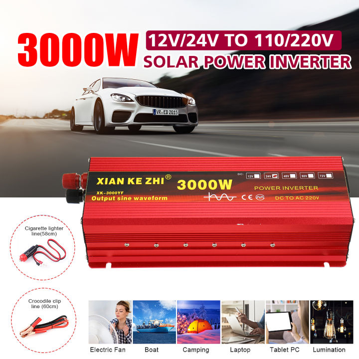 3000W Pure Sine Tools DIY Wave Inverter 12/24V to 220V Solar Powe ...