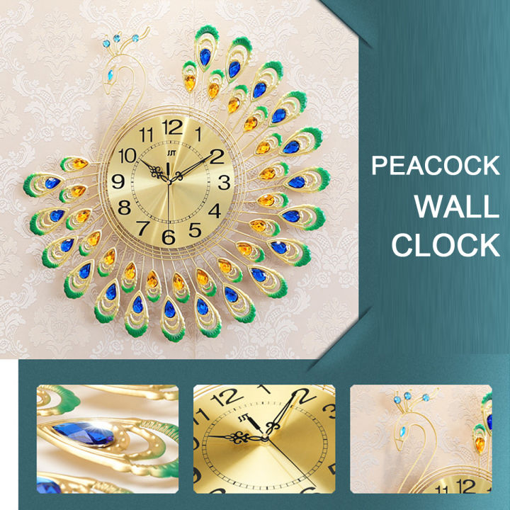 US Modern 3D Chic Peacock Diamond Large Wall Clock Metal Watch Decor ...