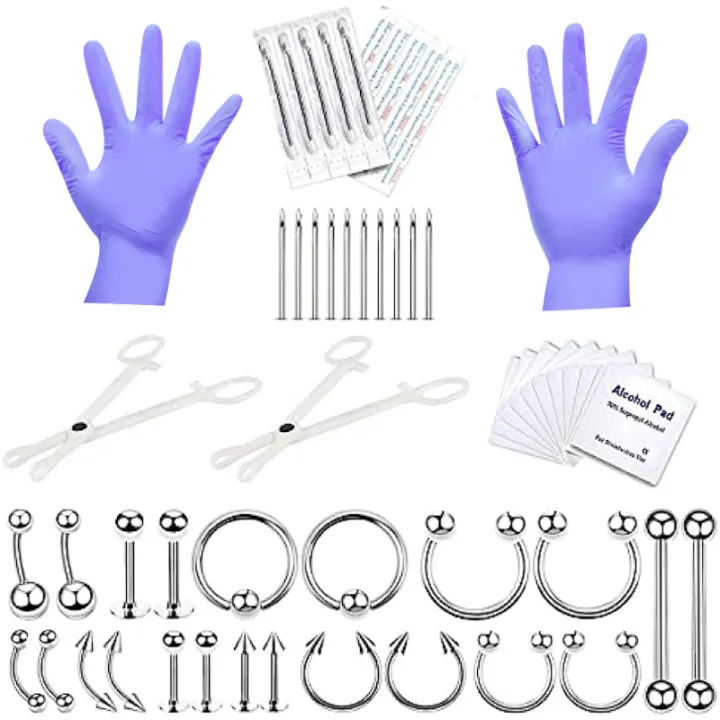 36PC PRO Body Piercing Kit | Nose Septum Ear Cartilage Lip Belly Navel ...