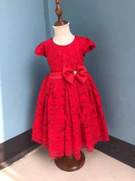Full red party frock dubai lase febrics | Daraz.com.bd
