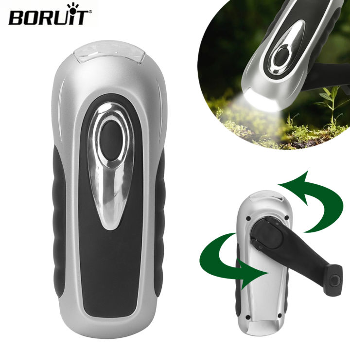 BORUIT LED Flashlight Hand Crank Dynamo Solar Power Torch Outdoor ...