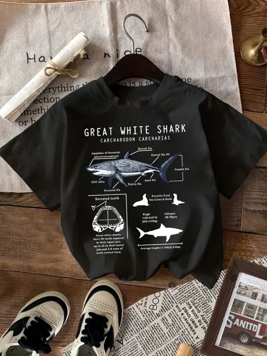 Shark Print Crop, Short Sleeve Crew Neck Casual Top For Summer & Spring ...