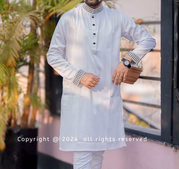 White Panjabi with Ambodari Contrast. Soft Cotton, Panjabi for men ...