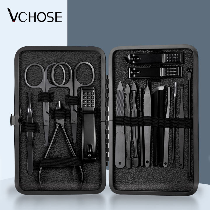 Black Nail Clipper Set Stainless Steel Manicure Nail Scissors Pedicure ...