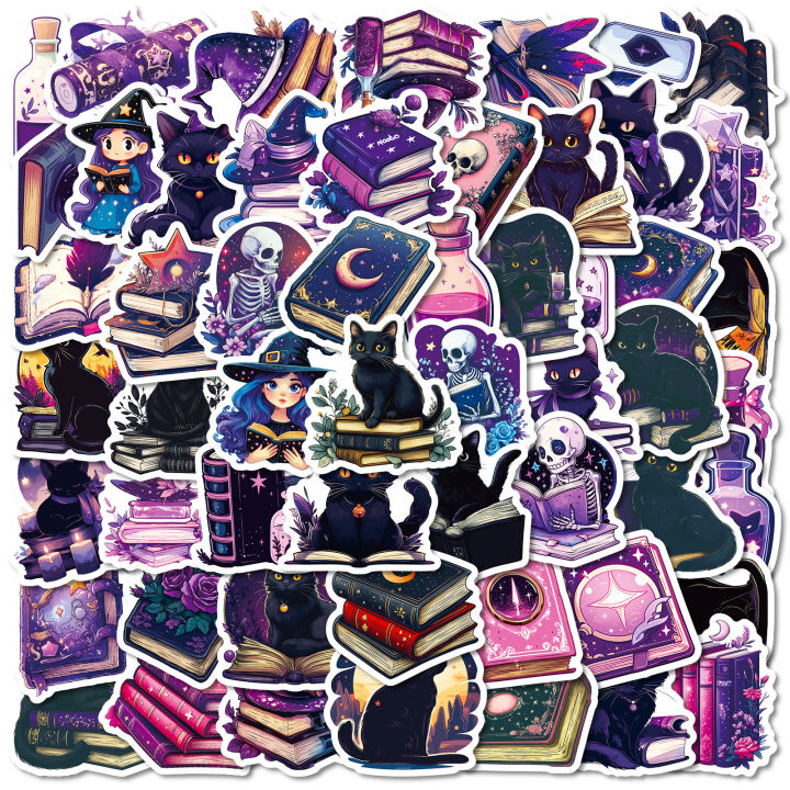 56Pcs Purple Cat Bookish Sticker Purple Witch Books Reading Stickers ...
