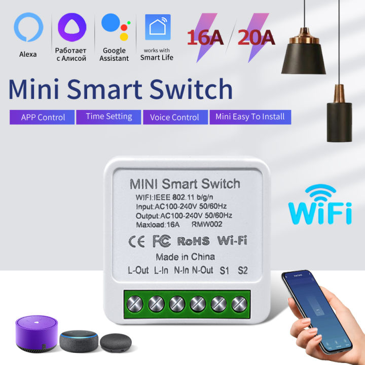 16A/20A WiFi Mini Smart Switch Module 2-way Control Cozy Life APP Remote Control for Alexa ...