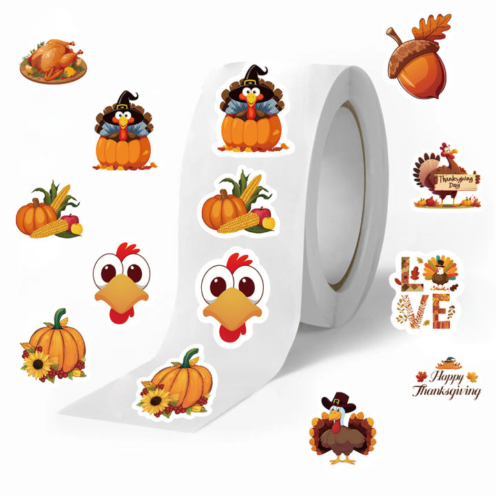 500pcs Thanksgiving Day Sticker Roll Turkey Drumsticks and Pumpkin Fall ...