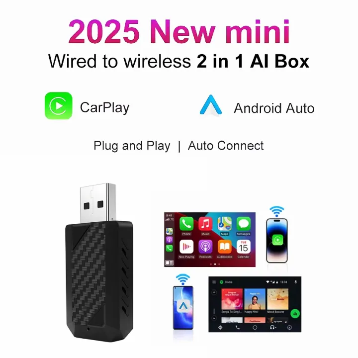 Wired To Wireless Carplay & Android Auto Mini Adapter USB Plug and Play ...
