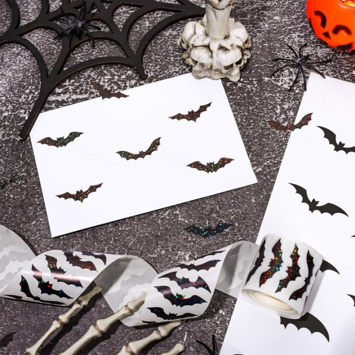 Halloween bat sticker roll, 500 pieces, black laser bats, waterproof ...