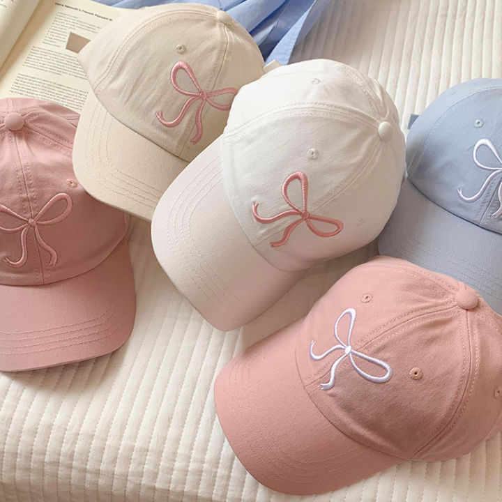 Sweet Bowknot Embroidery Baseball Hat For Women Solid Color Korean Girl ...