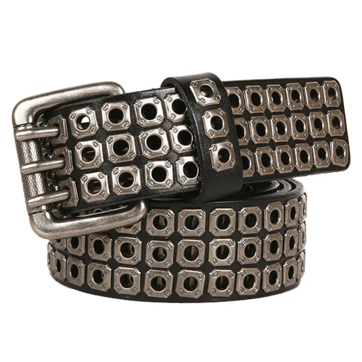 Metal Rivet Cowboy Belt Genuine Leather Cowskin Men Belt Punk Rivet ...