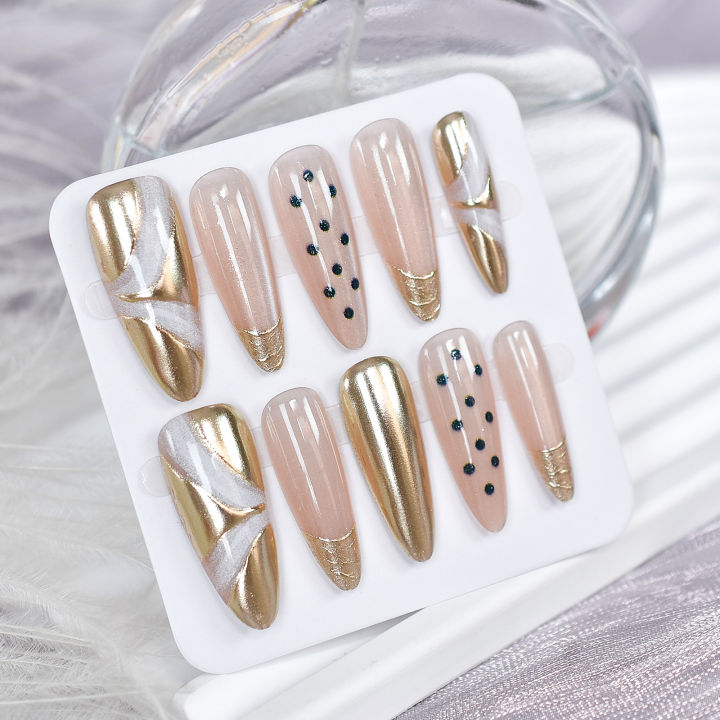 Golden French Tips Press on Nails Long Oval Black Dot Cat Eyes Design ...