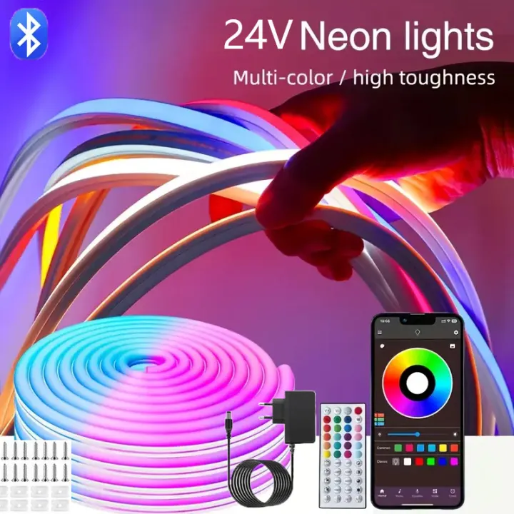 DC24V RGB LED Neon Rope Lights Color Change Music Sync App Control 10M ...