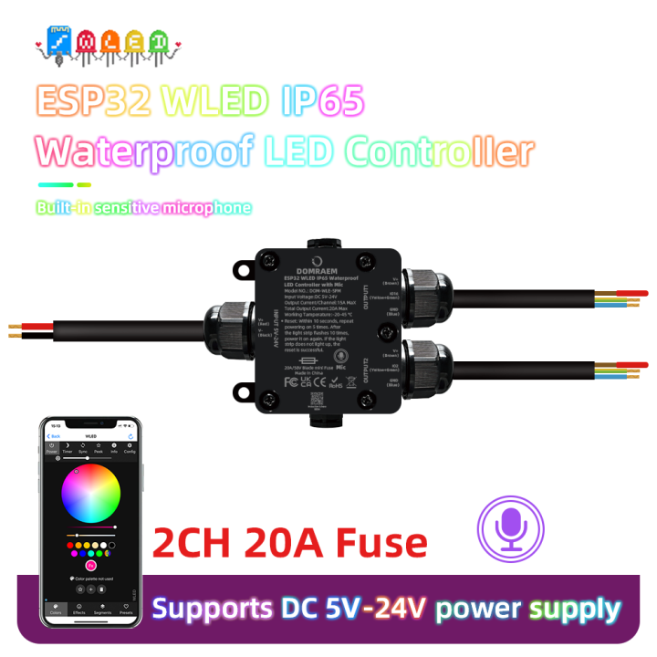 DOMRAEM ESP32 WLED Addressable 2CH LED Controller 20A Fuse Built-in ...