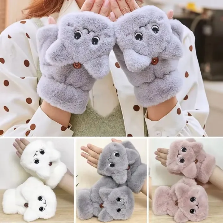 Women Plush Warm Glove Fur Lovely Rabbit Cat Mittens Flip Fingerless ...