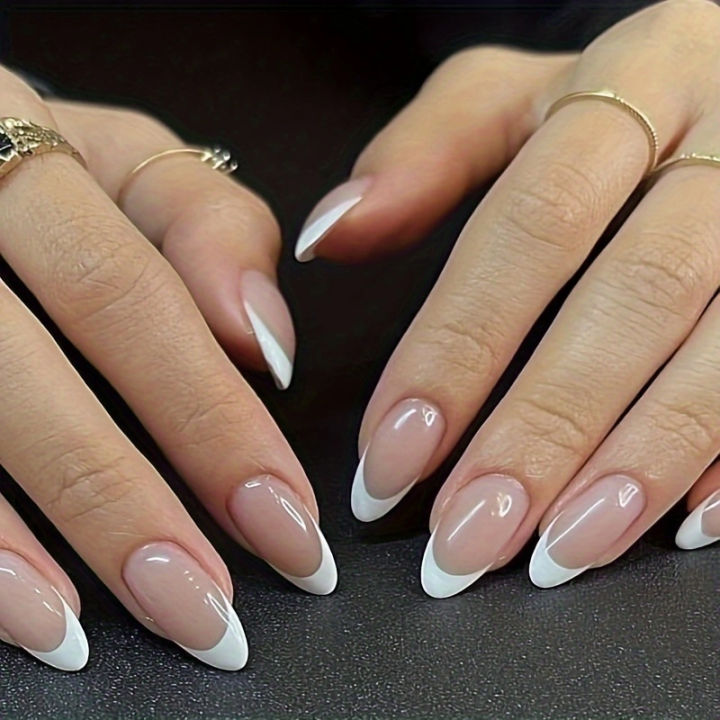 24 Pieces of White French Wearable Nails, Ice-Transparent Almond Nails ...