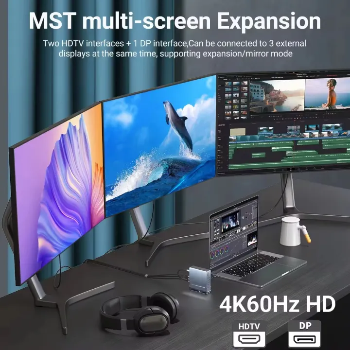 Type-C Docking Station 15 in 1 Hub 4K@60Hz HDMI DisplayPort USB A RJ45 ...