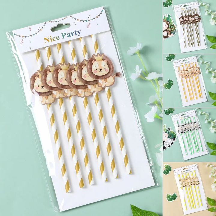 6pcs Animal Paper Drinking Straw LIon Tiger Jungle Birthday Party ...