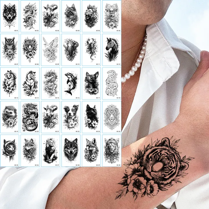 30pcs Hand Tattoo Stickers for Men Women Wolf Tiger Owl Lion Elephant ...