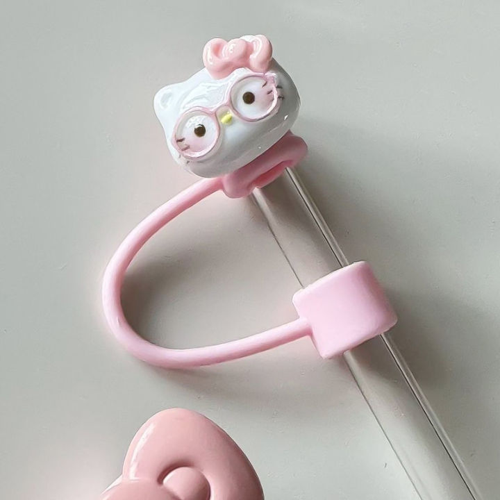 Korean Fashion Kawaii Pink Glasses Angel Hello Kitty Straw Dust Cap ...