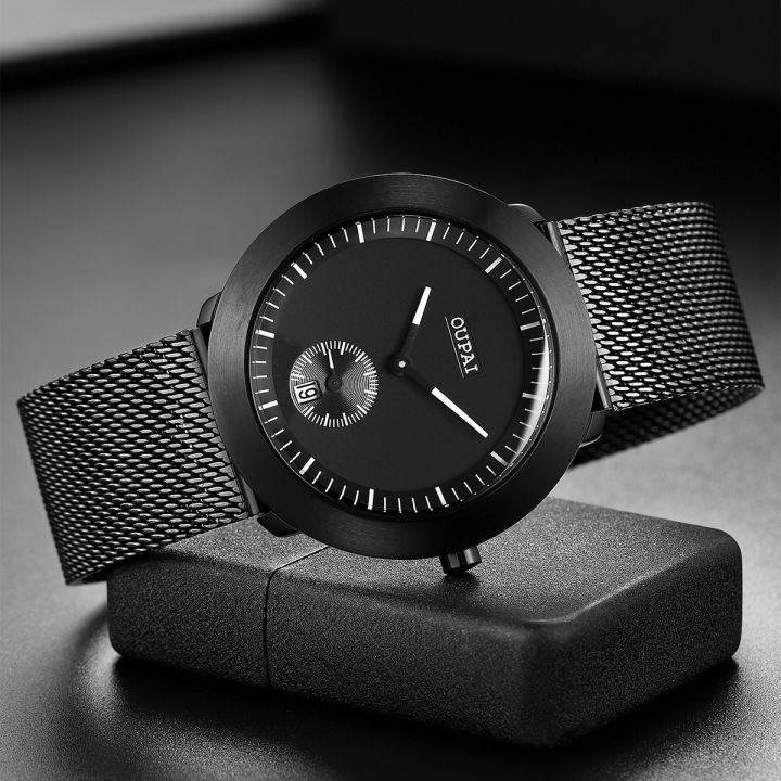 Oupai round black stainless stell quartz move watch simple and sport ...