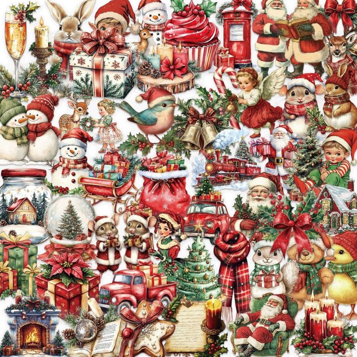 50 Pieces Transparent Cartoon Retro Christmas Sticker Pack - Waterproof ...