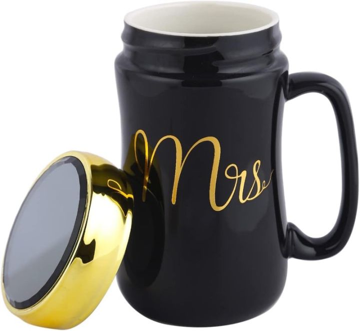 Mrs. Style Ceramic Mug Set With Mirror Lid Black & Gold | Daraz.pk