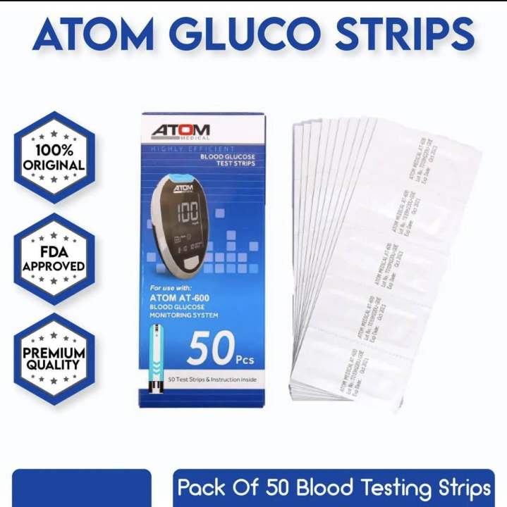 Atom Blood Glucose Glucometer Sugar Test Machine Strips - 50 strips of ...