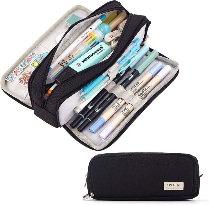 Large Capacity Pencil Case 3 Compartment Canvas for Students Box Office ...