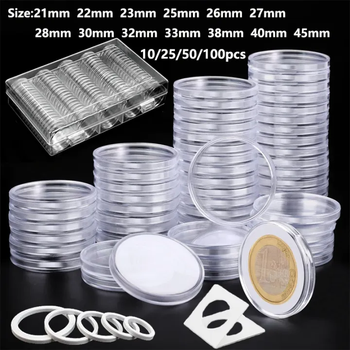10-100pcs 21/23/25--45mm Coinning Capsules Storage Box Clear Plastic ...