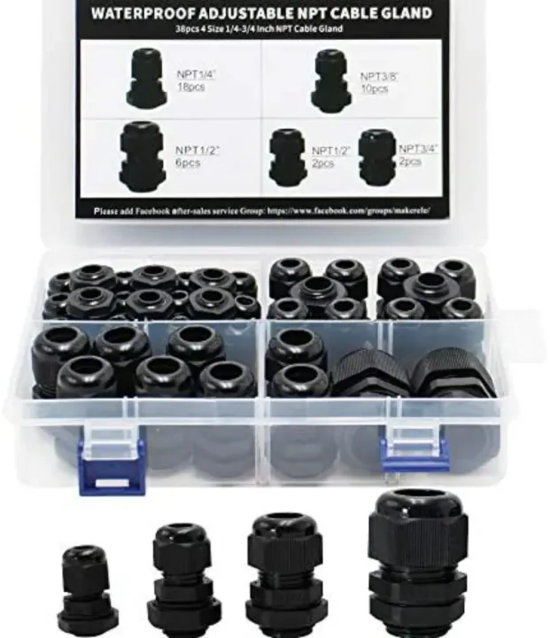 38pcs Cable Glands Joint Kit Waterproof Adjustable Nylon 1/4” 3/8” 1/2 ...