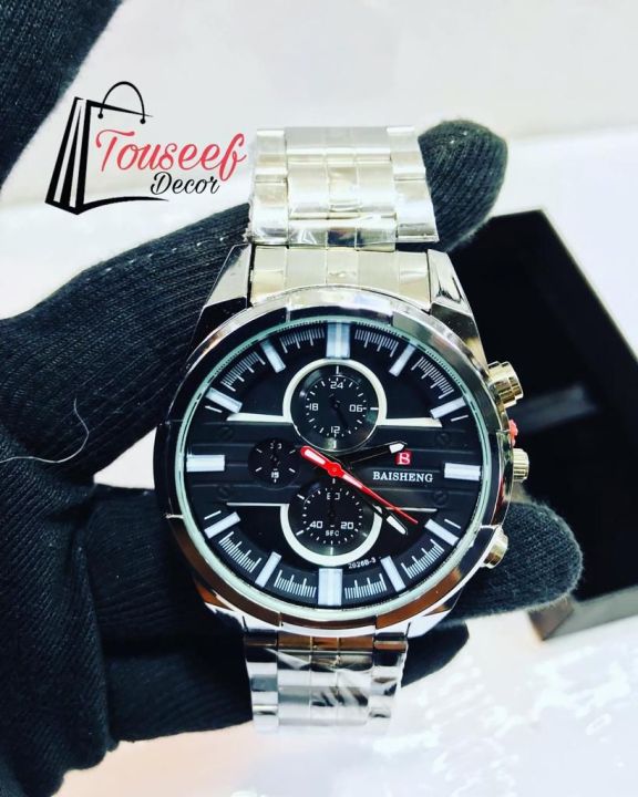 Orignal ( BAISHENG Watch ) Black & White Dial ' Silver Chain | Daraz.pk