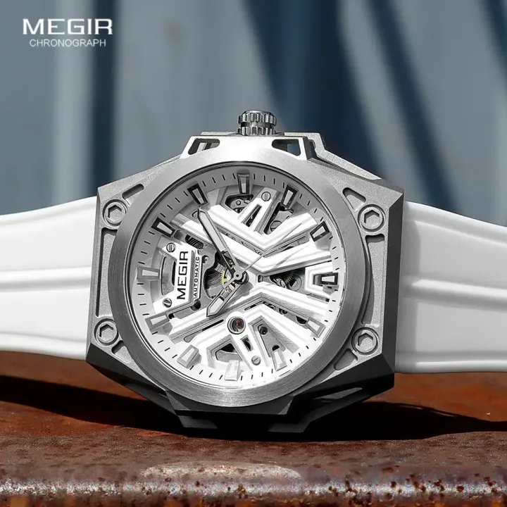 MEGIR Military Sports Automatical Watch Men White Silicone Strap ...