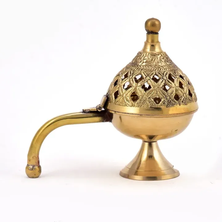 Brass Sambrani Stand & Loban Dhoop Dani Burner with Wooden Handle for ...